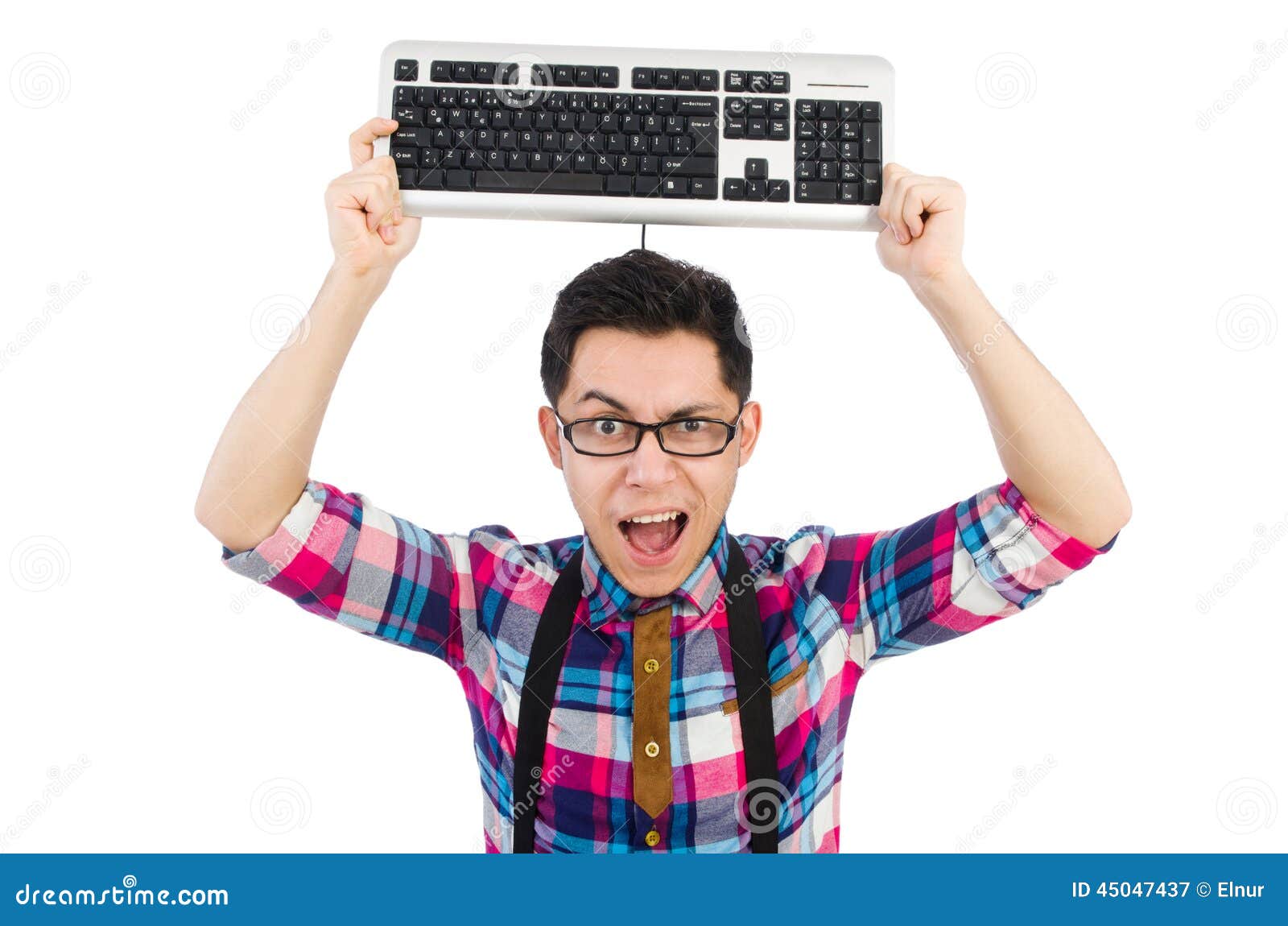 Computer Nerd with Keyboard Isolated Stock Image - Image of glasses ...