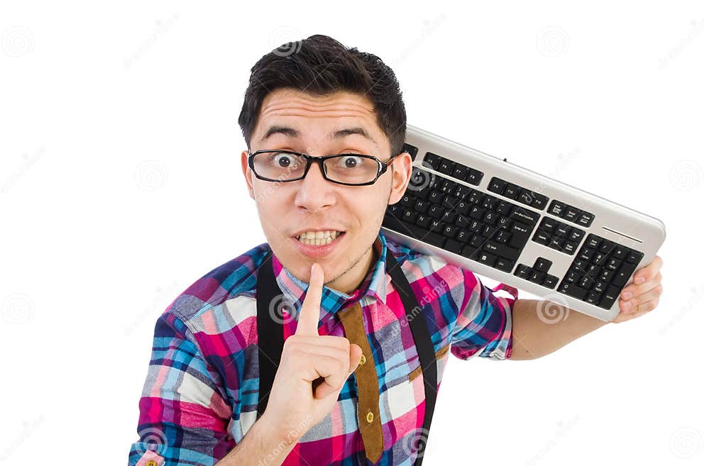 Computer Nerd with Keyboard Isolated Stock Photo - Image of male ...