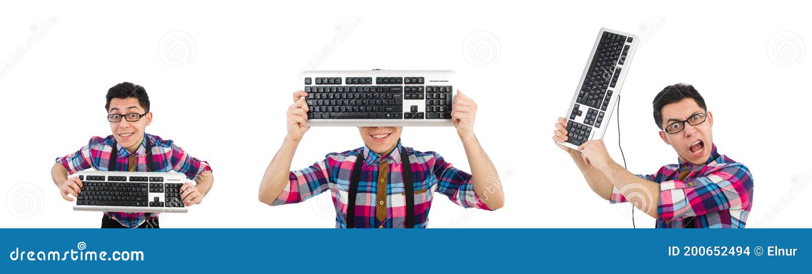 Computer Nerd with Keyboard Isolated on White Stock Photo - Image of ...