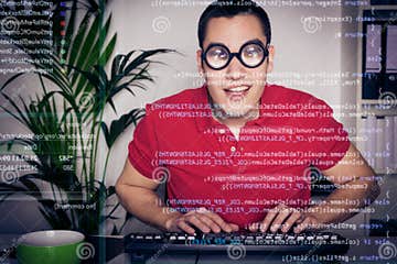 Computer Nerd with Screen stock image. Image of working - 109655805