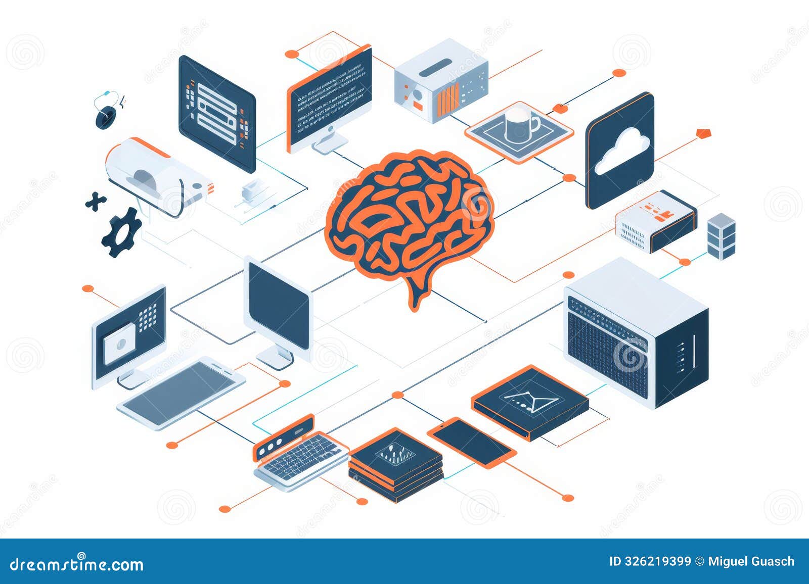 A Computer Network with a Brain in the Center on White Background Stock ...