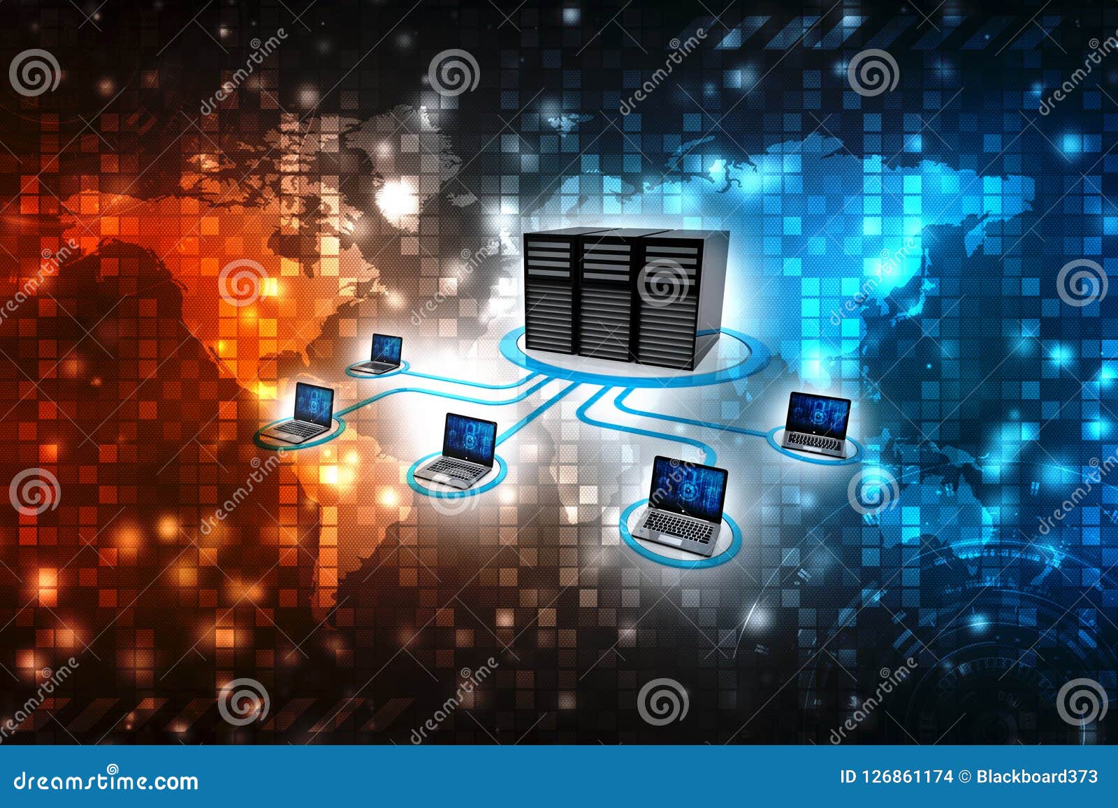 Computer Network, Computer Connected To Server. 3d Render Stock Illustration - Illustration of ...
