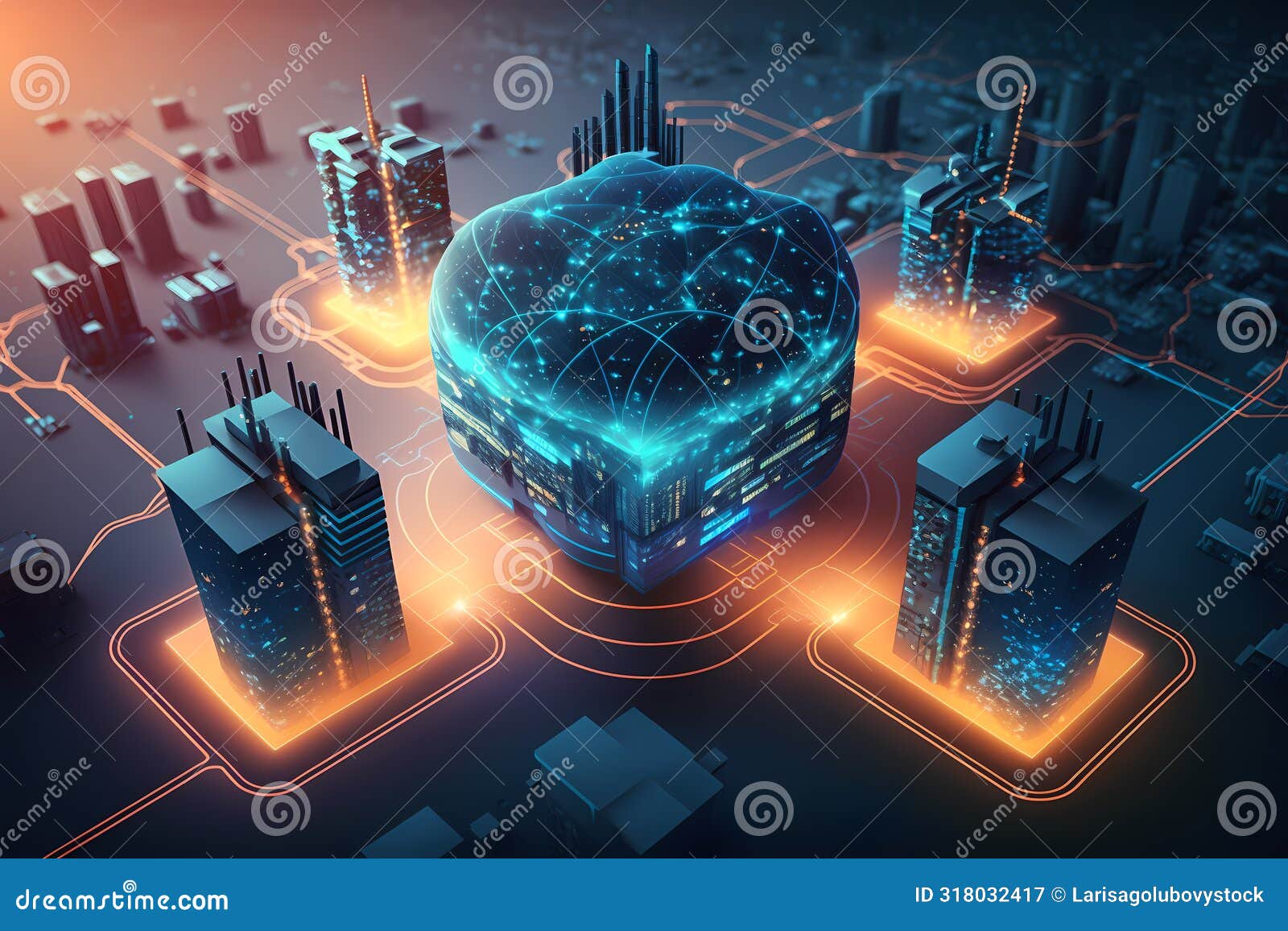 Computer Network Concept. Aerial View Cube Surrounded by Urban ...