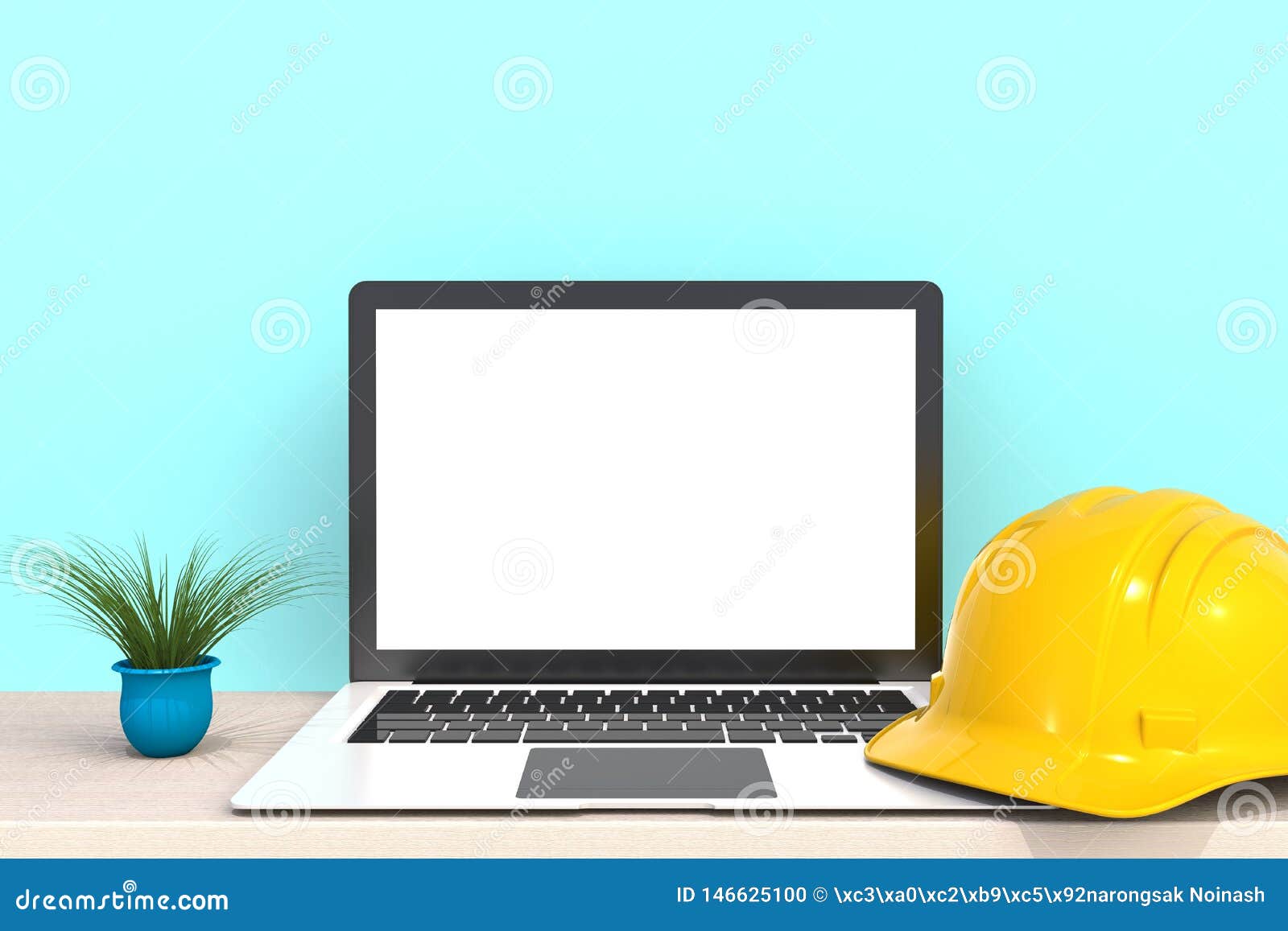 Safety Helmet with Laptop Computer White Blank Screen on Wood Work ...