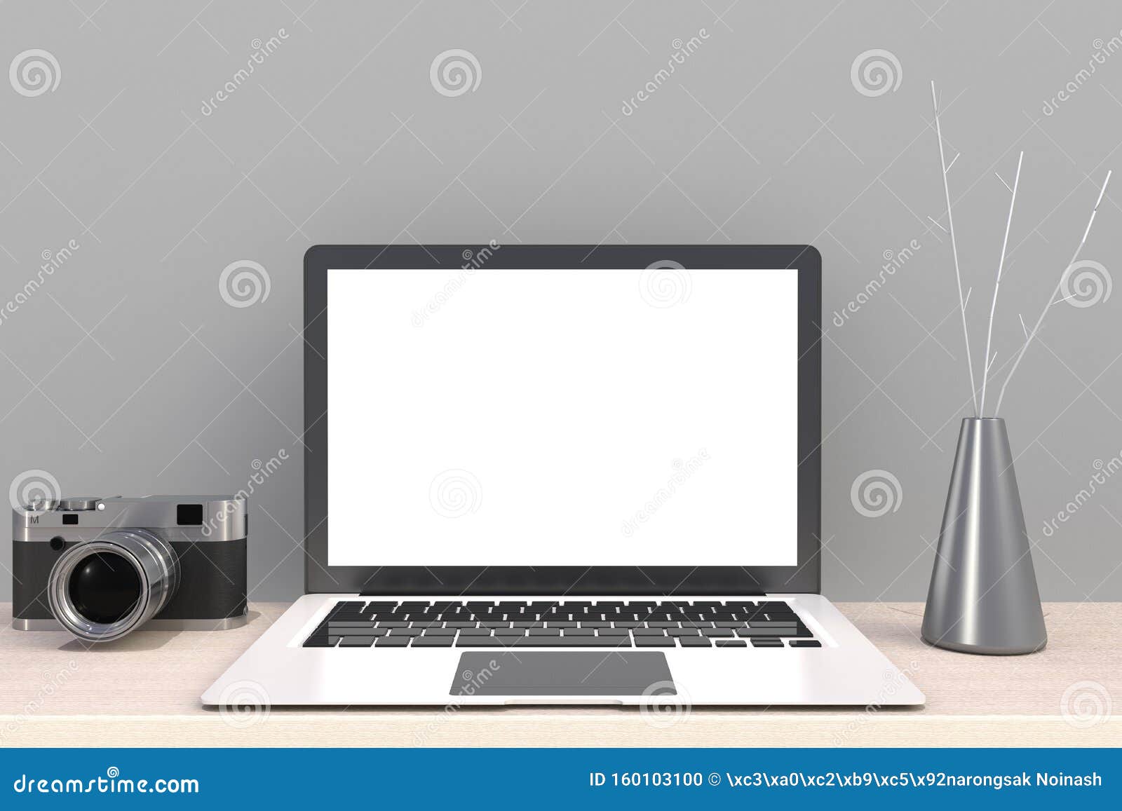 Vintage Camera with Laptop Computer White Blank Screen on Wood Work ...