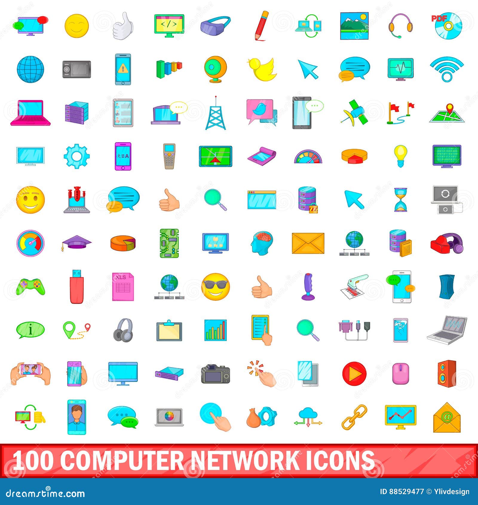 100 Computer Network Icons Set, Cartoon Style Stock Vector ...