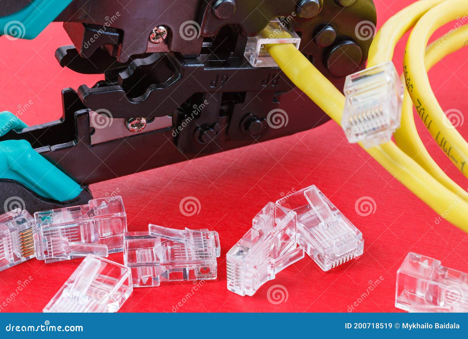 Computer Network Laying Concept. Crimper Tool and Transparent ...