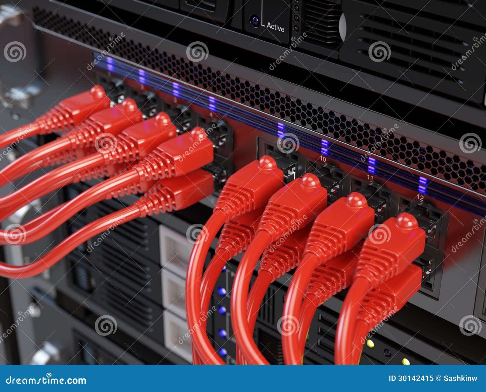 Network Server Room With Fiber Optic Cables Connected To Switch ...