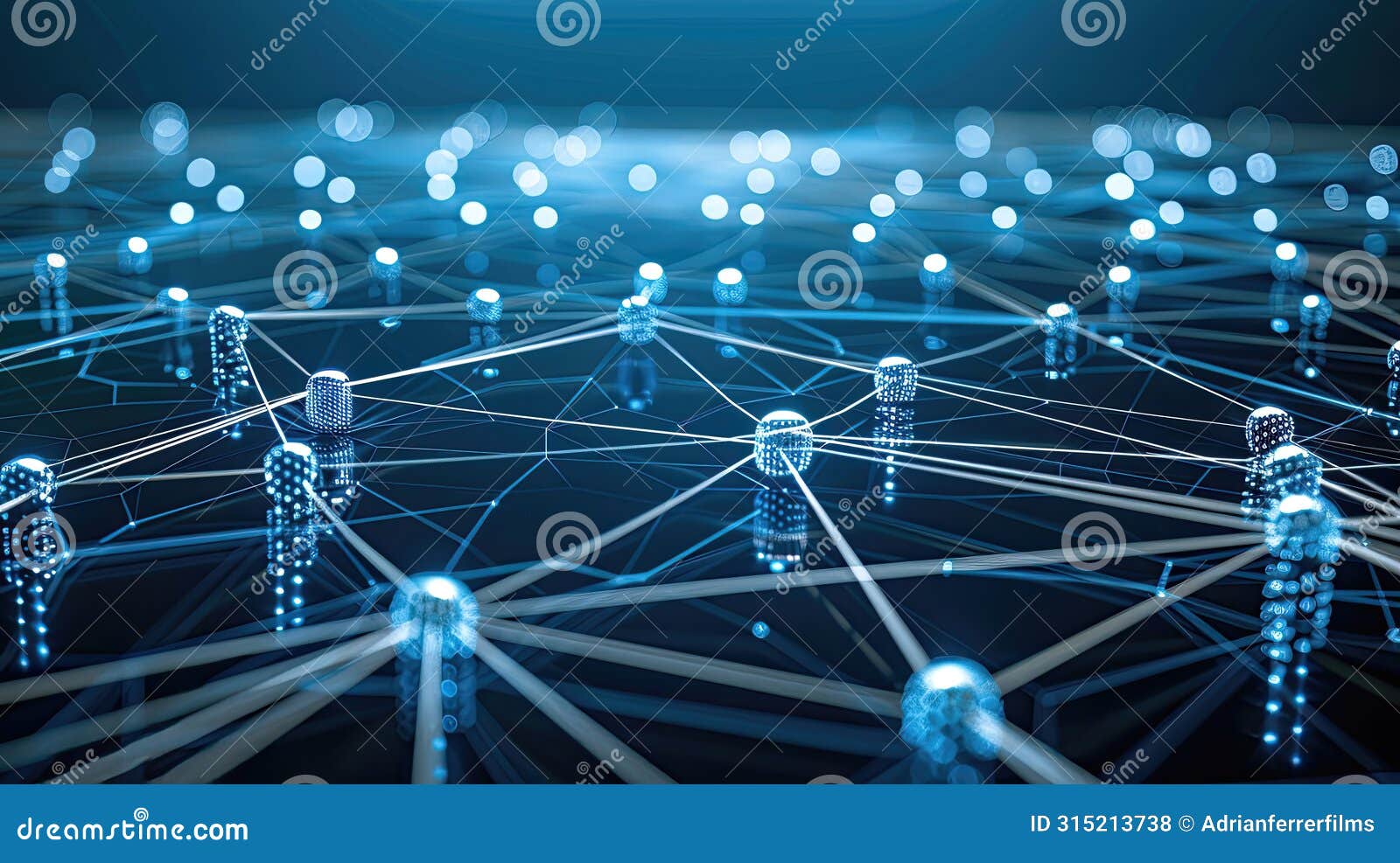 A Computer Network is Shown in Blue and White with Many Small Spheres ...