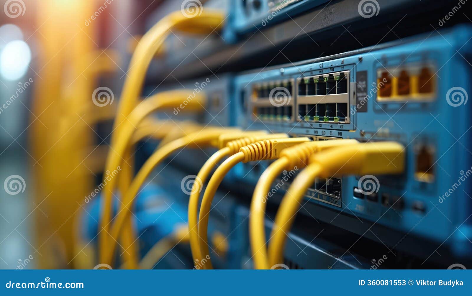 It Computer Network with Yellow Telecommunication Ethernet Cables Connected To Internet Switch ...