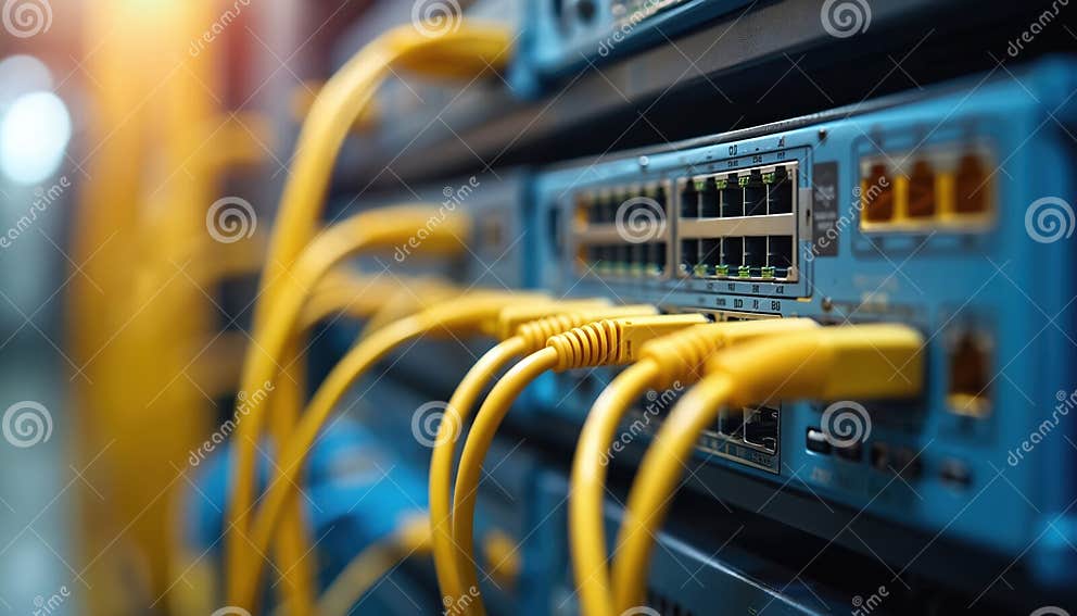 It Computer Network with Yellow Telecommunication Ethernet Cables ...