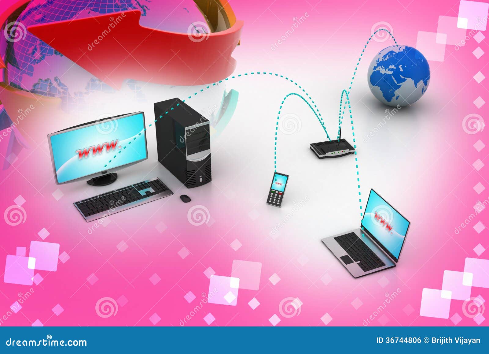 Computer Networking with Globe Stock Illustration - Illustration of ...