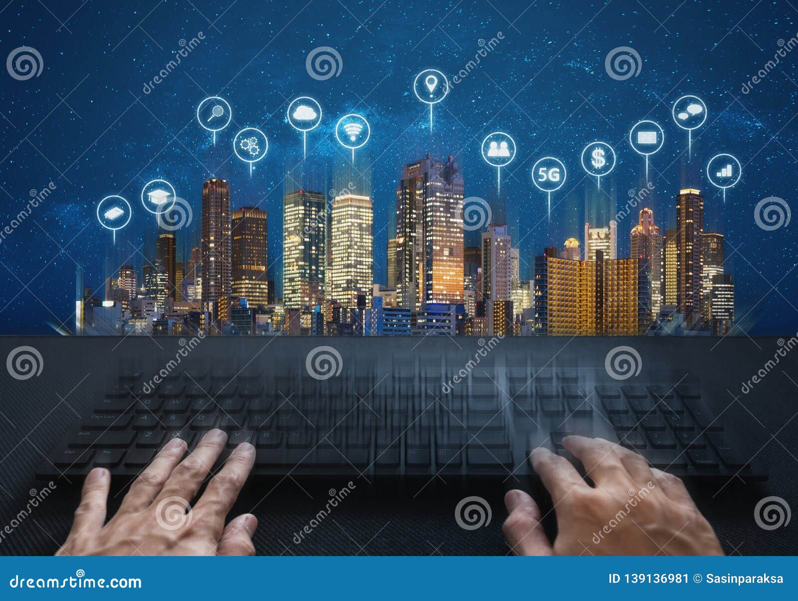 Computer Networking and Internet Connection. Hand Typing Computer ...