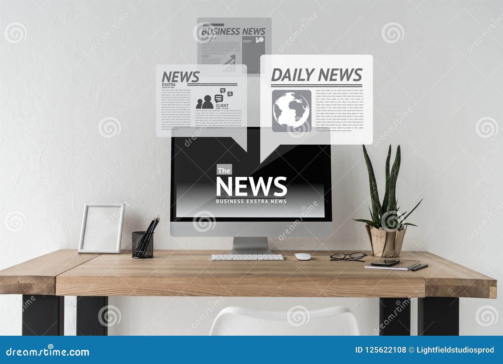 Computer with News on Screen Stock Photo - Image of houseplant, place ...