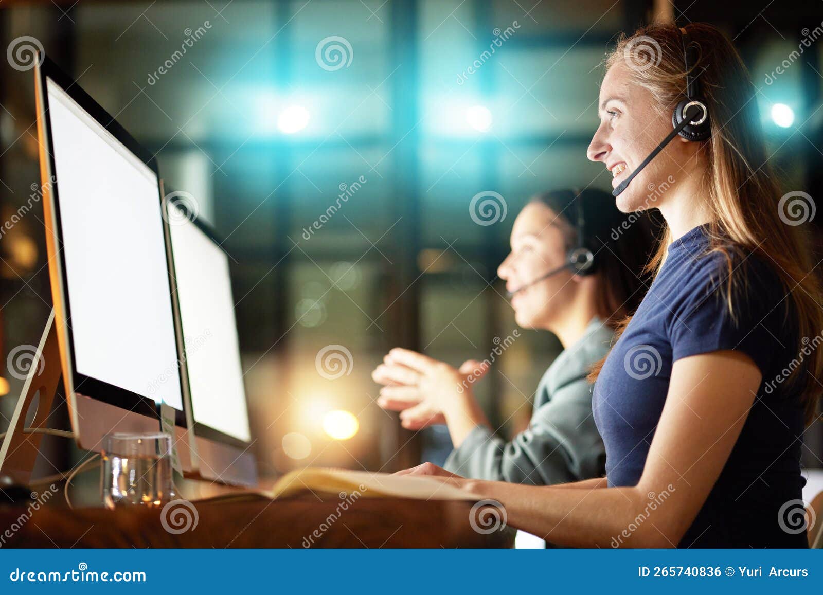 Computer, Night Call Center and Women with Telemarketing Success, it ...