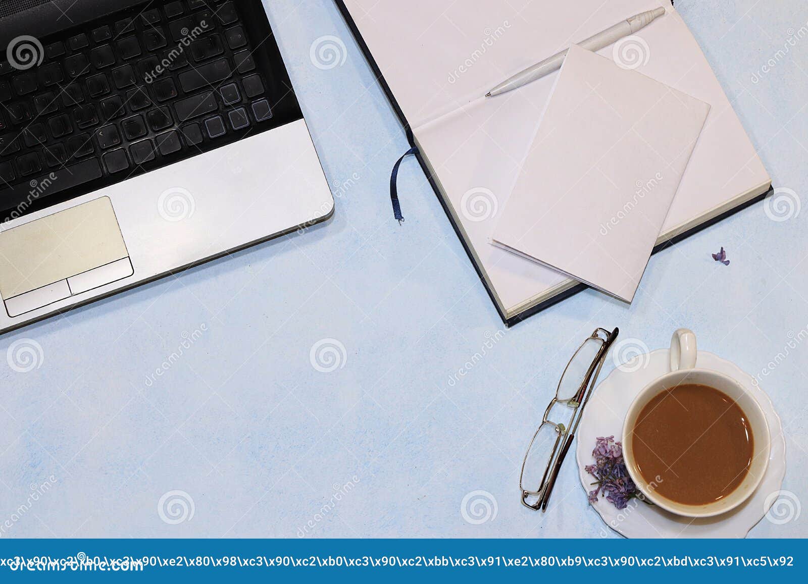 Computer, Notebook and Cup of Coffee on a Light Table., Top View Stock ...