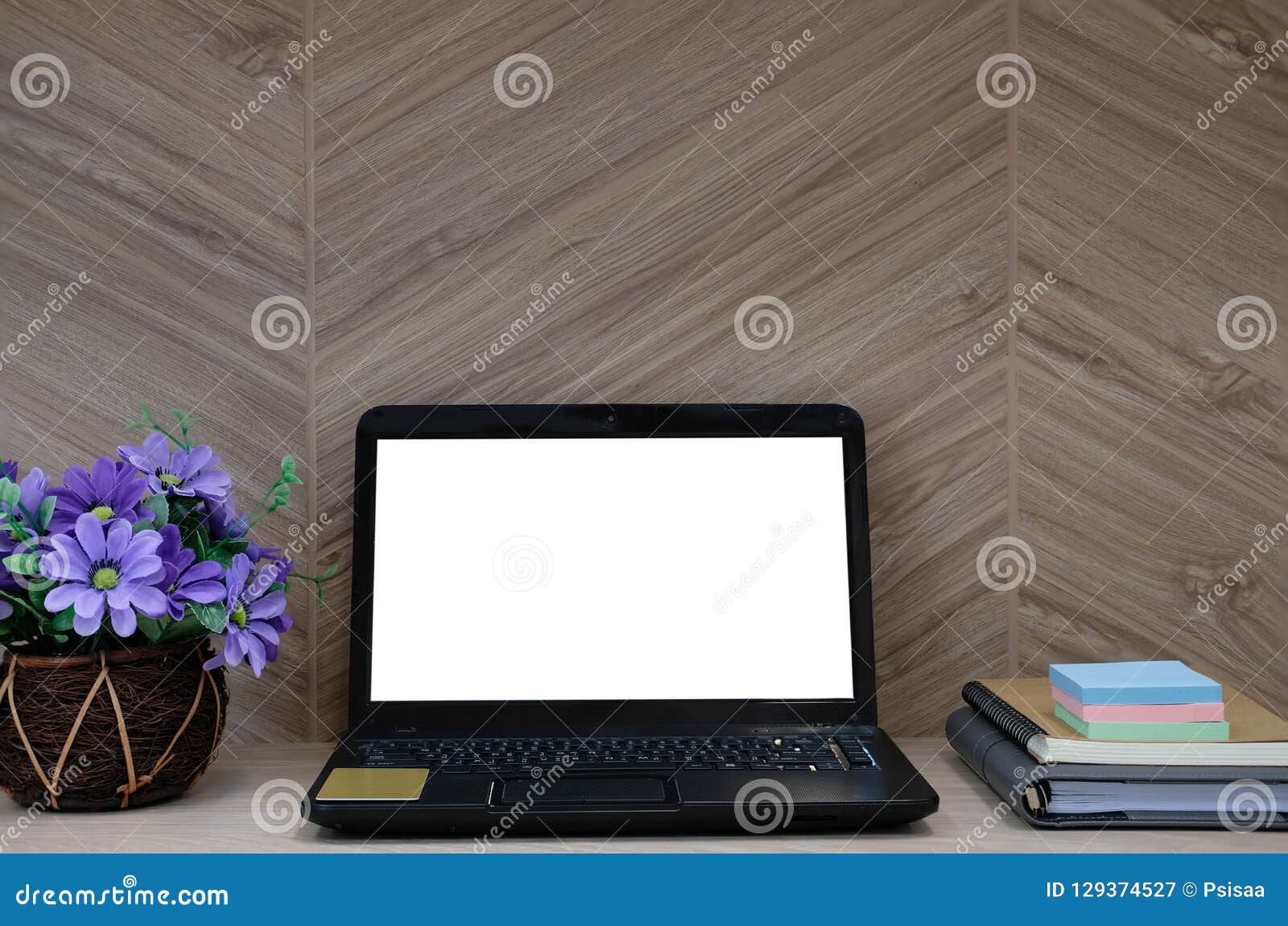 Computer Notebook Flower on Office Workplace Desk. Business Work Stock ...