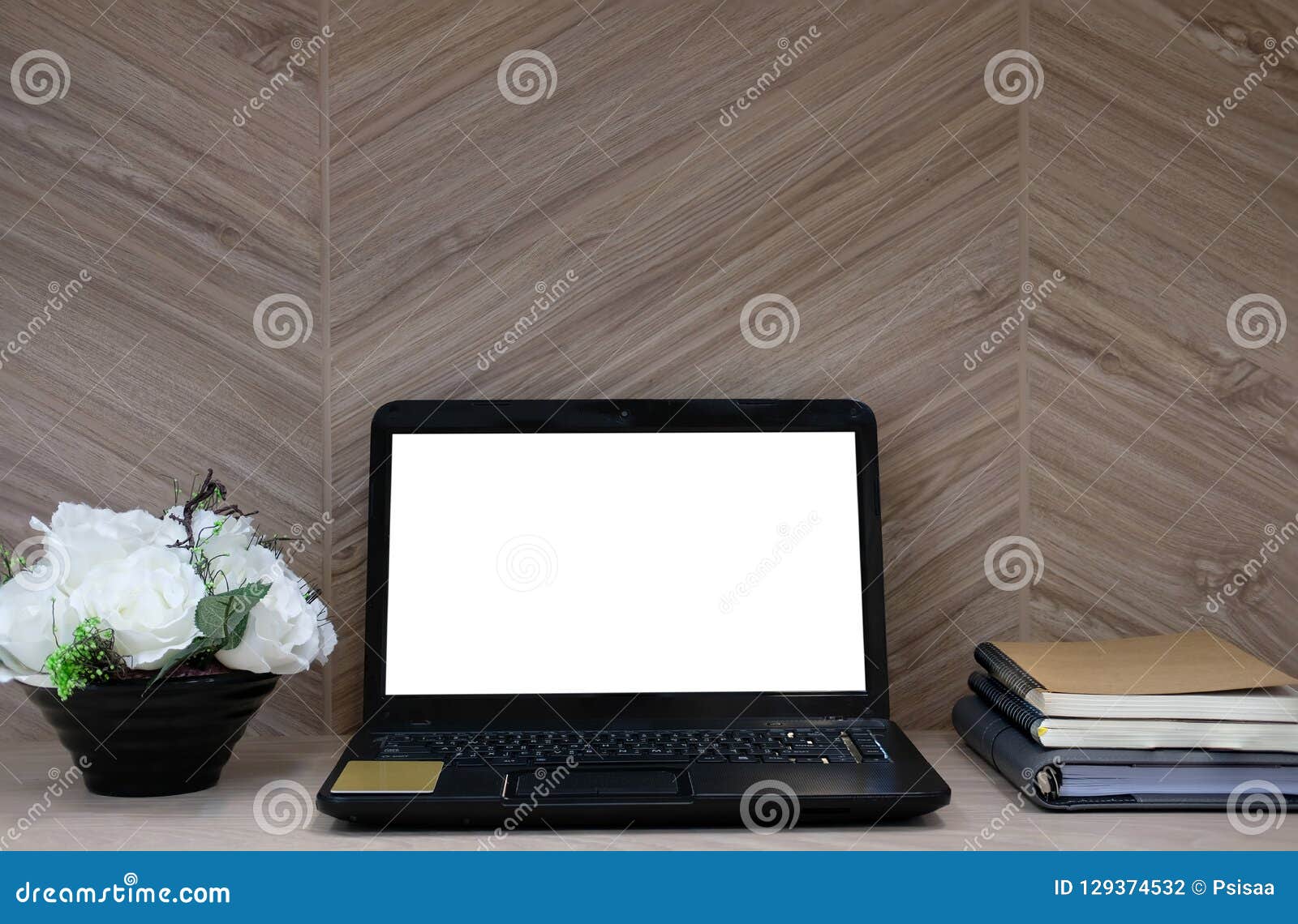 Computer Notebook Flower on Office Workplace Desk. Business Work Stock ...