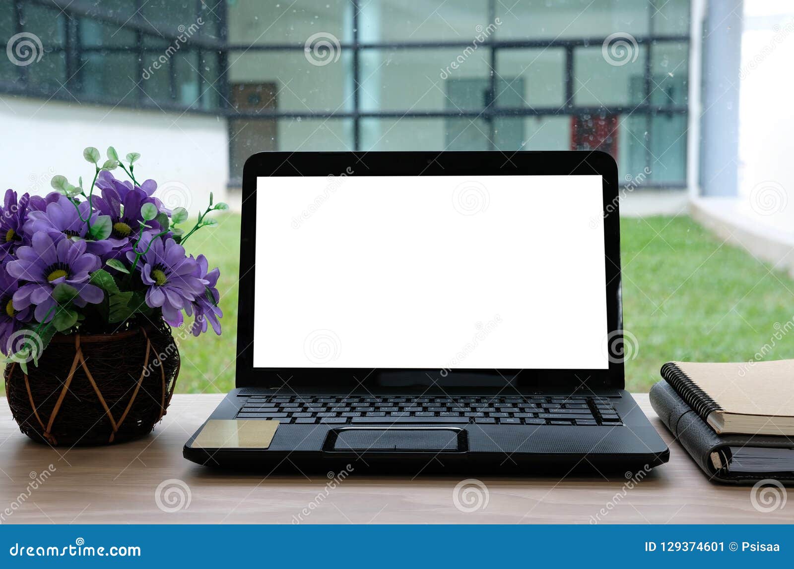 Computer Notebook Flower on Office Workplace Desk. Business Work Stock ...