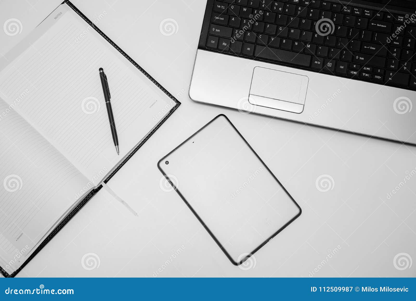 Computer with Notebook and Pen and Tablet on Desk Stock Image - Image ...