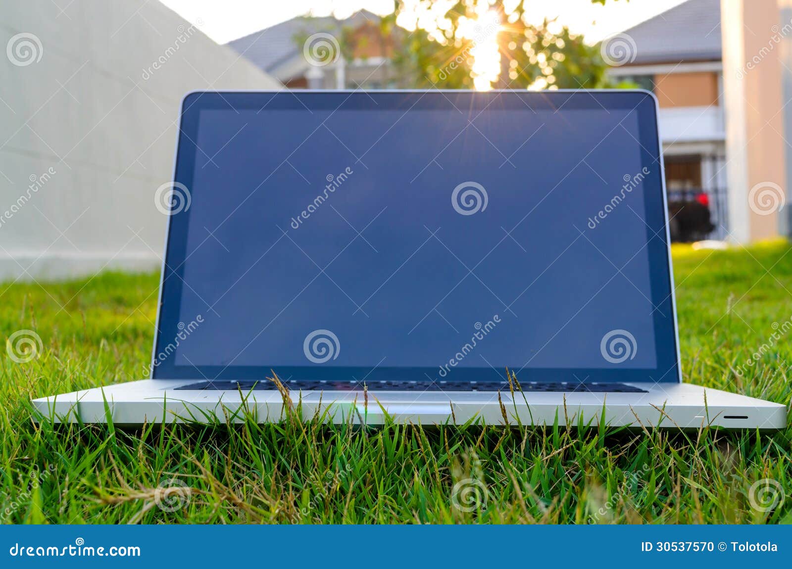 Computer Notebook Put on the Grass Stock Photo - Image of shocked ...