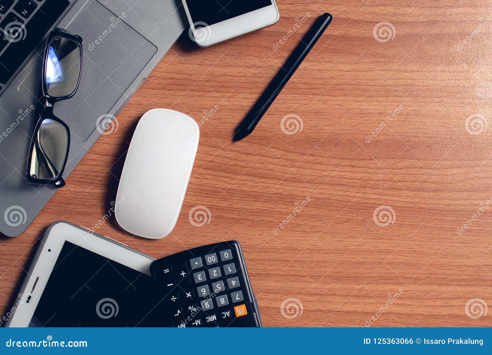 Computer with Office Object Gadget Technology on Wood Table Background ...