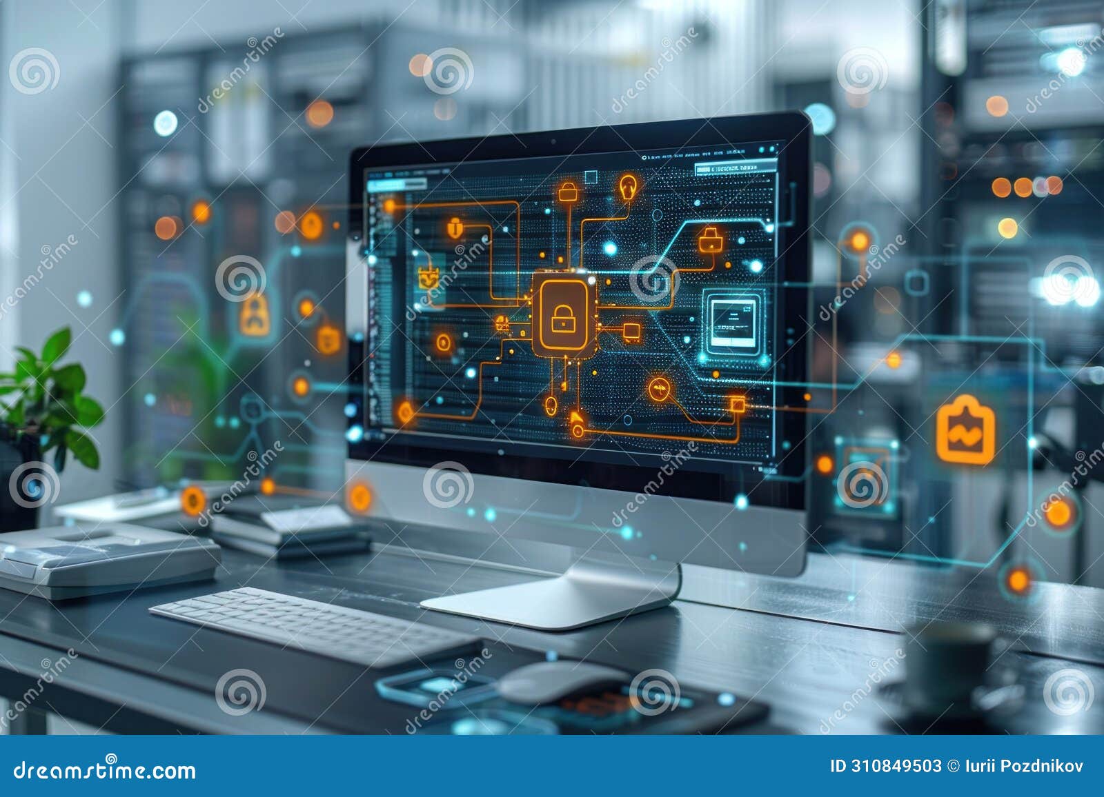 A Computer Onsite with a Keyboard and Mouse on a Desk in a Commercial ...