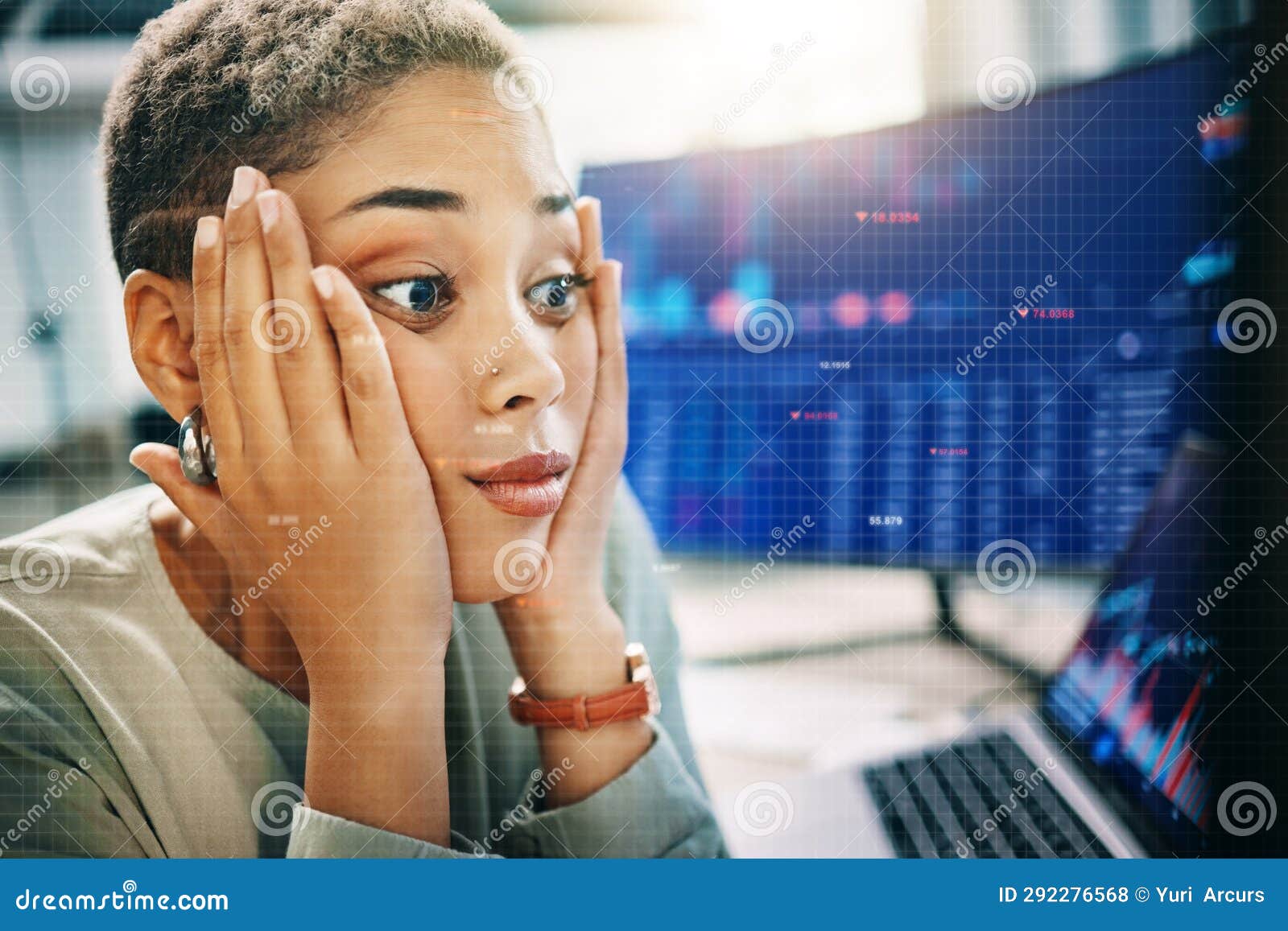 Computer, Overlay and Business Woman Face Stress Over Web Cybersecurity ...