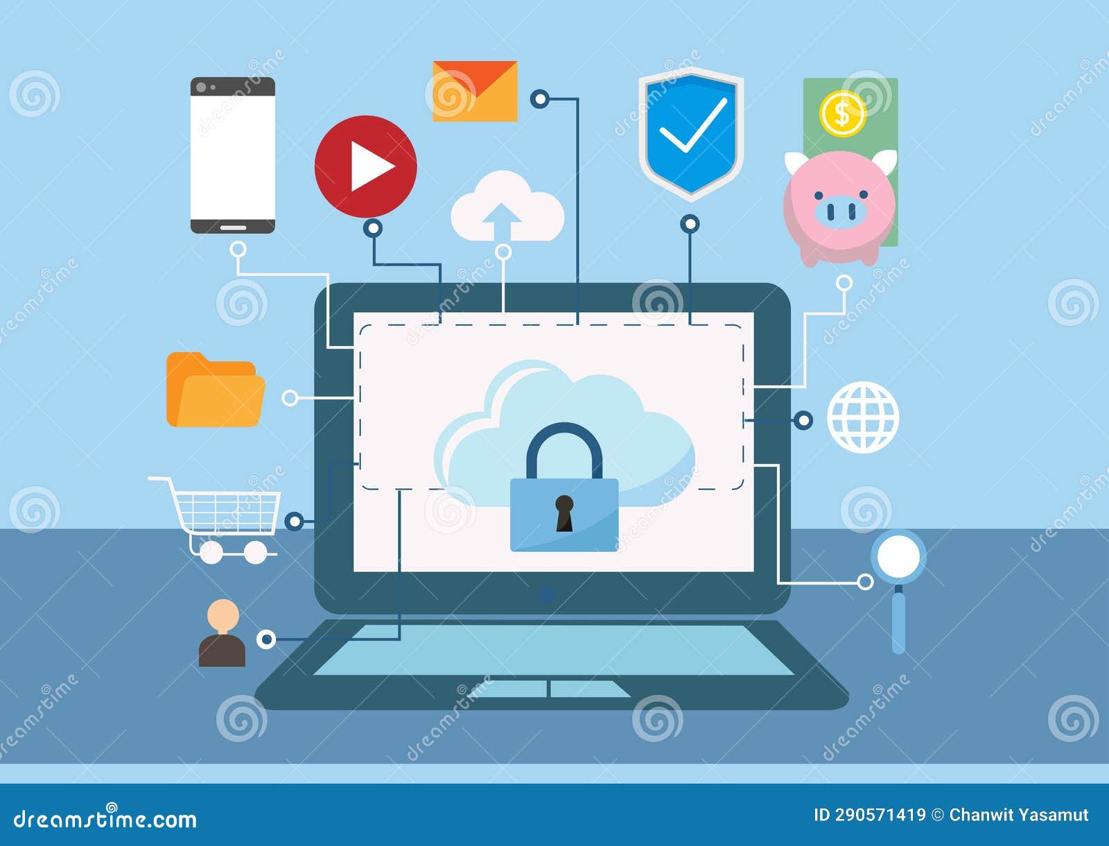 Computer Padlock Cloud Lupe Cyber Security System Technology Icon ...