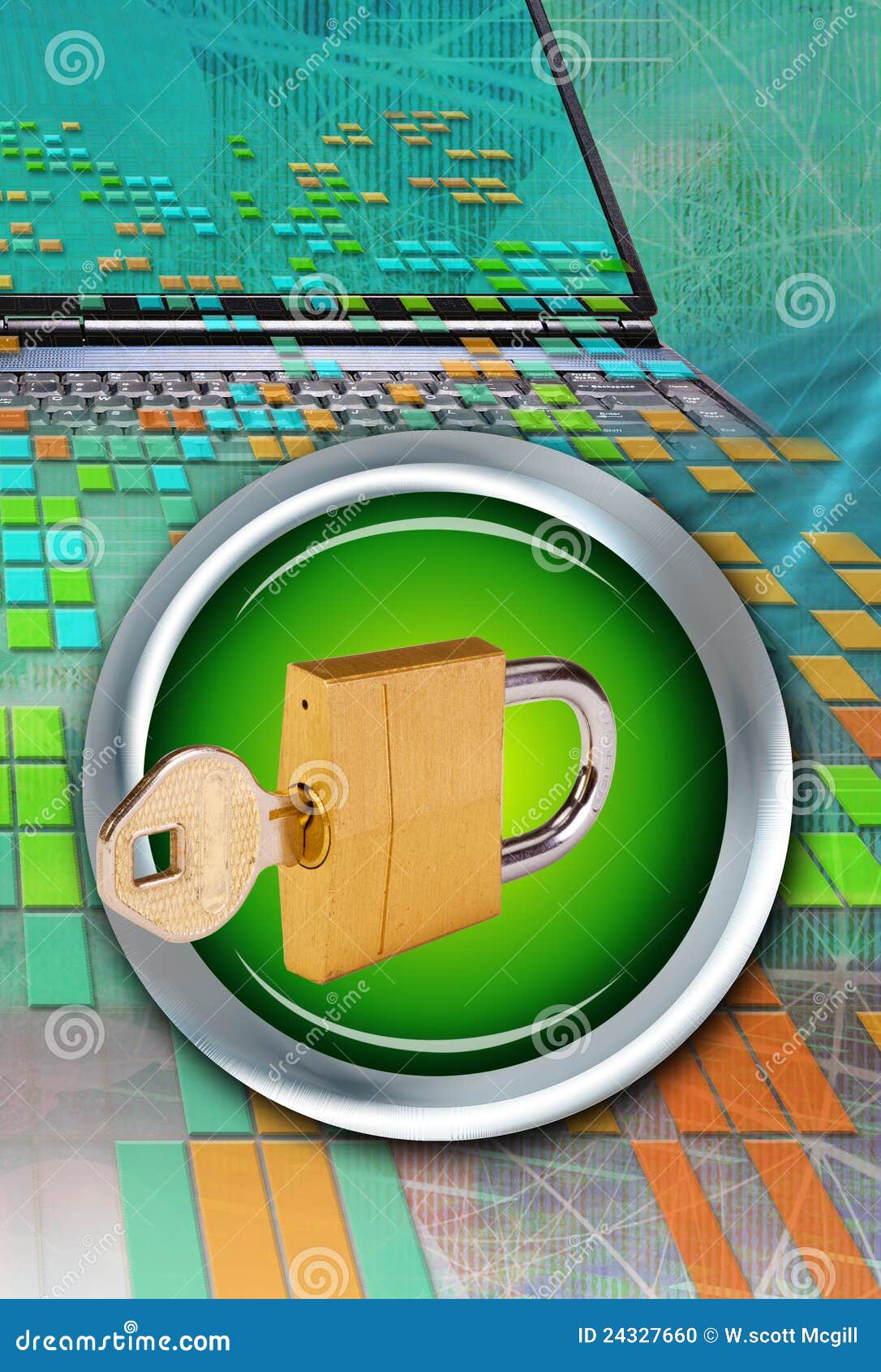 Computer, padlock and key stock photo. Image of screen - 24327660