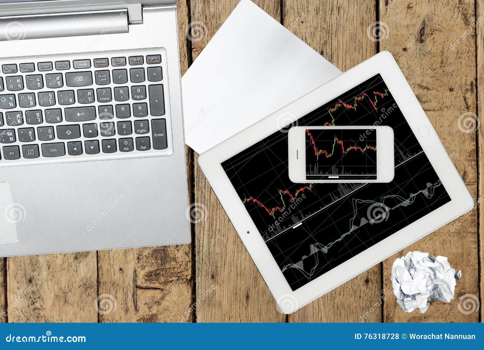 Computer, Paper, Smartphone and Tablet with Graph on Wood Table Stock ...