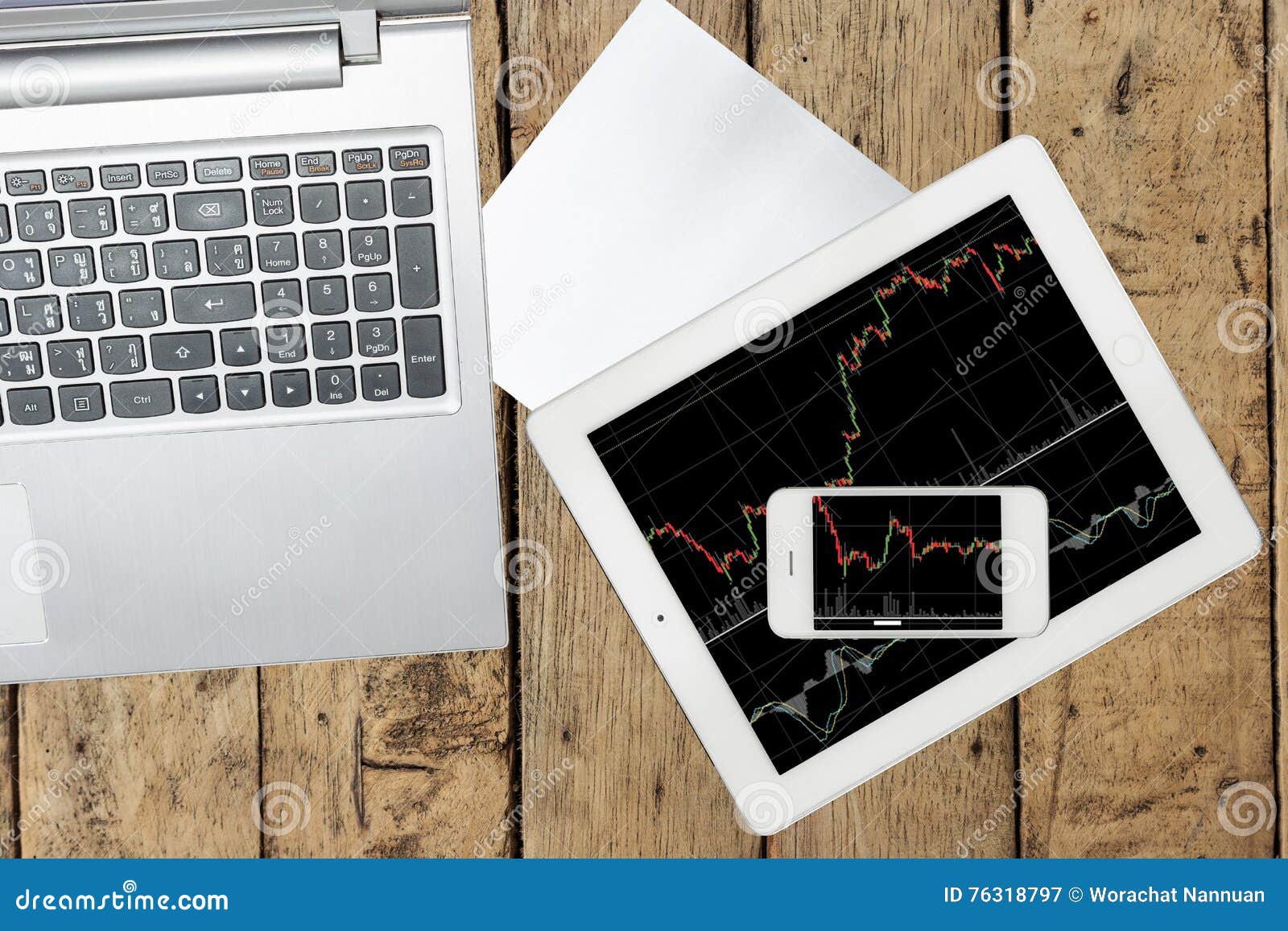 Computer, Paper, Smartphone and Tablet with Graph on Wood Table Stock ...