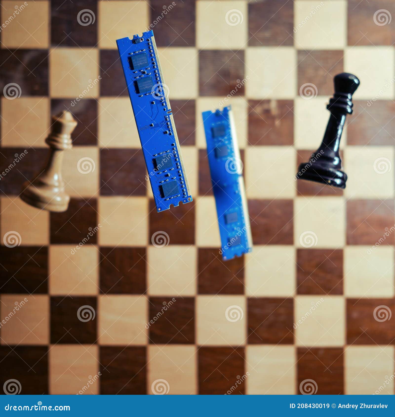 Computer Parts and Chessboard with Chess Pieces. Concept of Technology ...