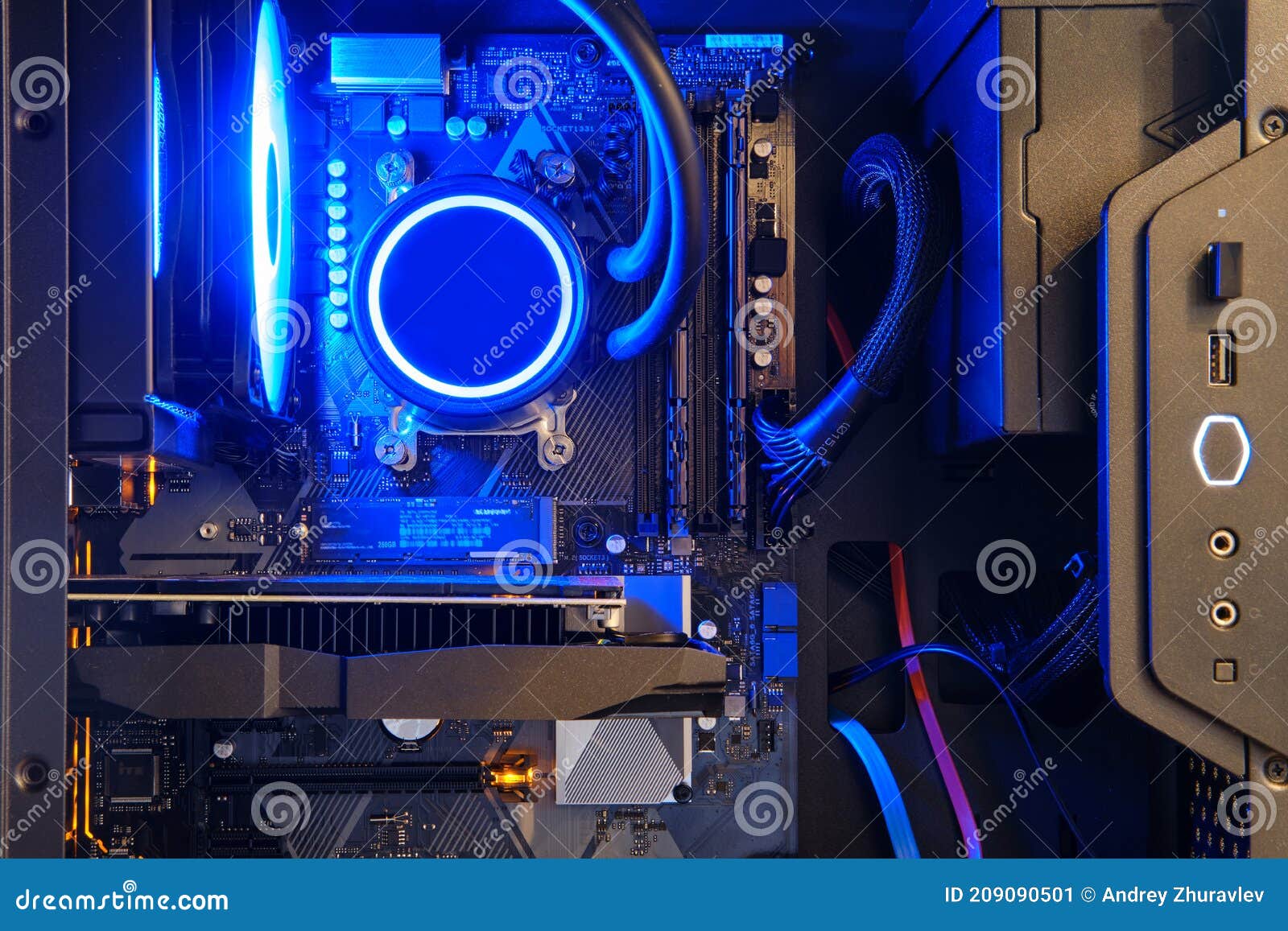 Computer Parts Inside Pc with Ice Blue Led Liquid Cooling Stock Image ...