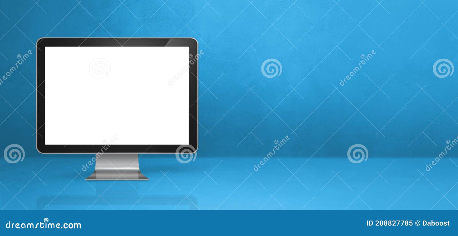 Computer Pc on Blue Desk Banner Stock Illustration - Illustration of ...