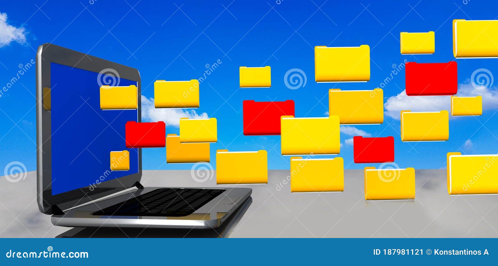 Computer Pc Laptop Files Folders Sky - 3d Rendering Stock Illustration ...