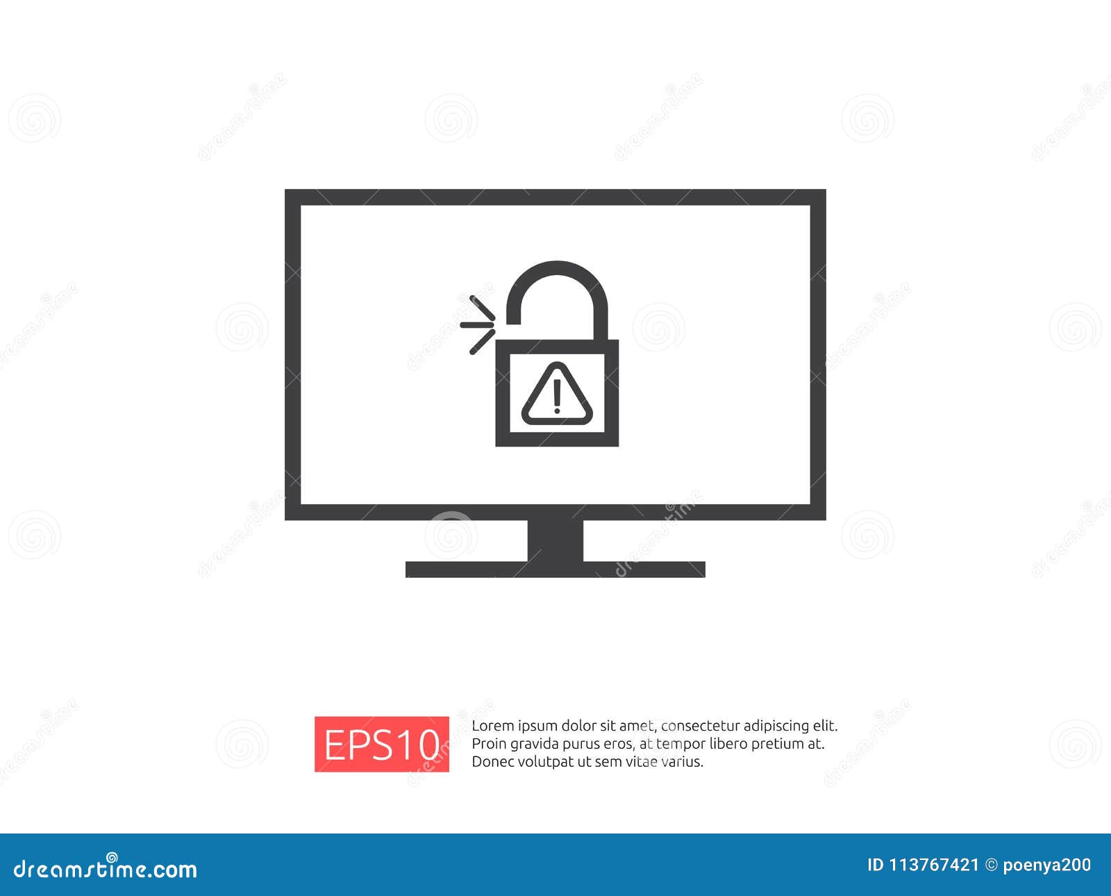 Computer PC Screen with Open Padlock Attention Icon Exclamation Warning ...