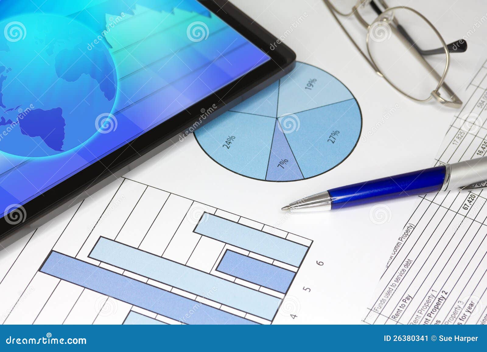 Computer with Pen Graphs and Spreadsheet Stock Image - Image of ...