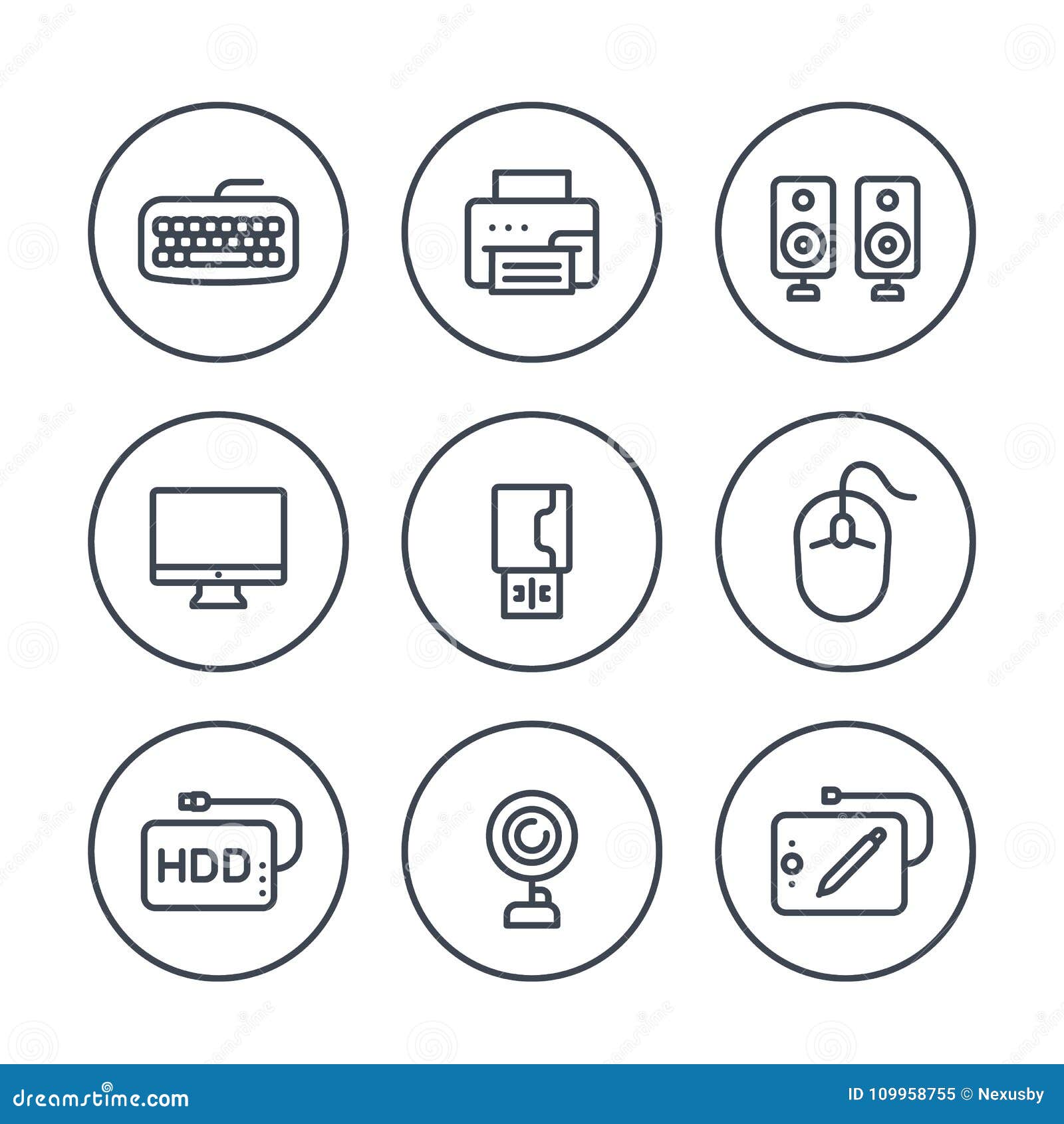 Computer Peripherals Line Icons on White Stock Vector - Illustration of ...