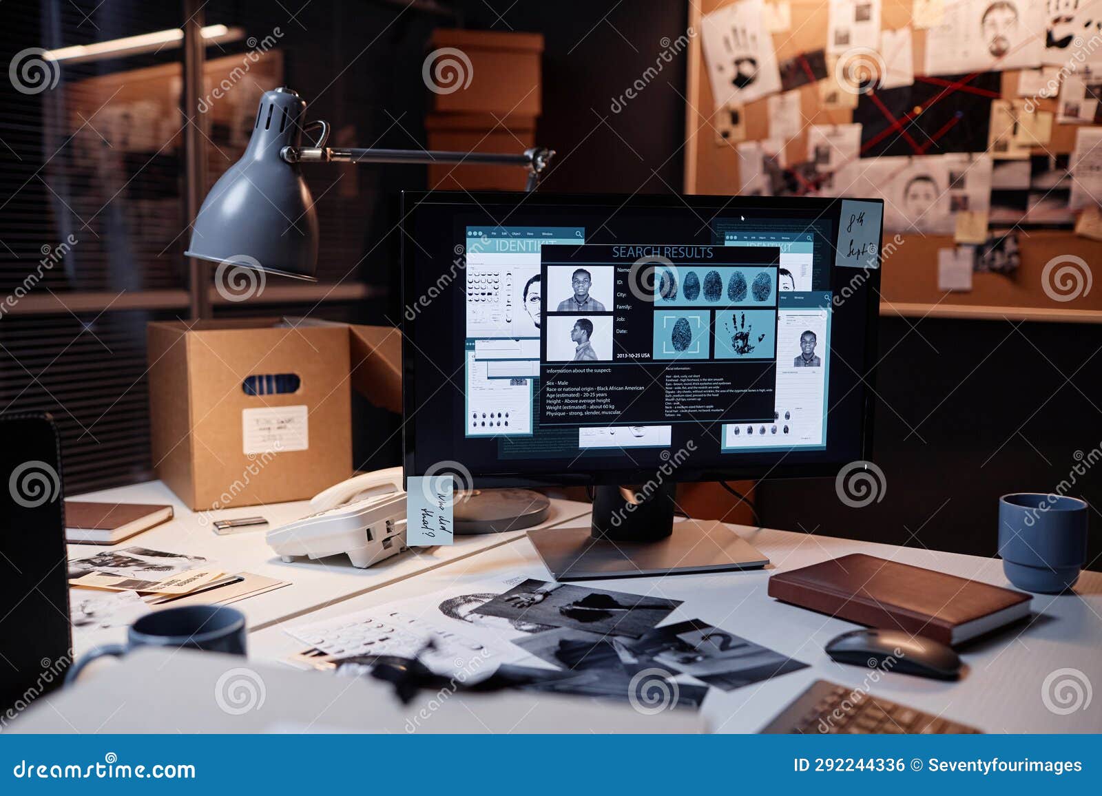 Computer with Personal File on Desk in Detectives Office Stock Photo ...
