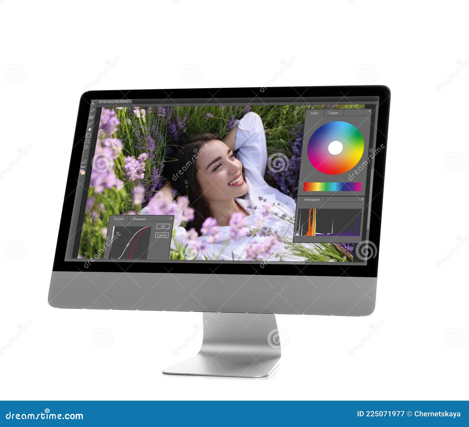 Computer with Photo Editor Application on White Stock Image - Image of ...
