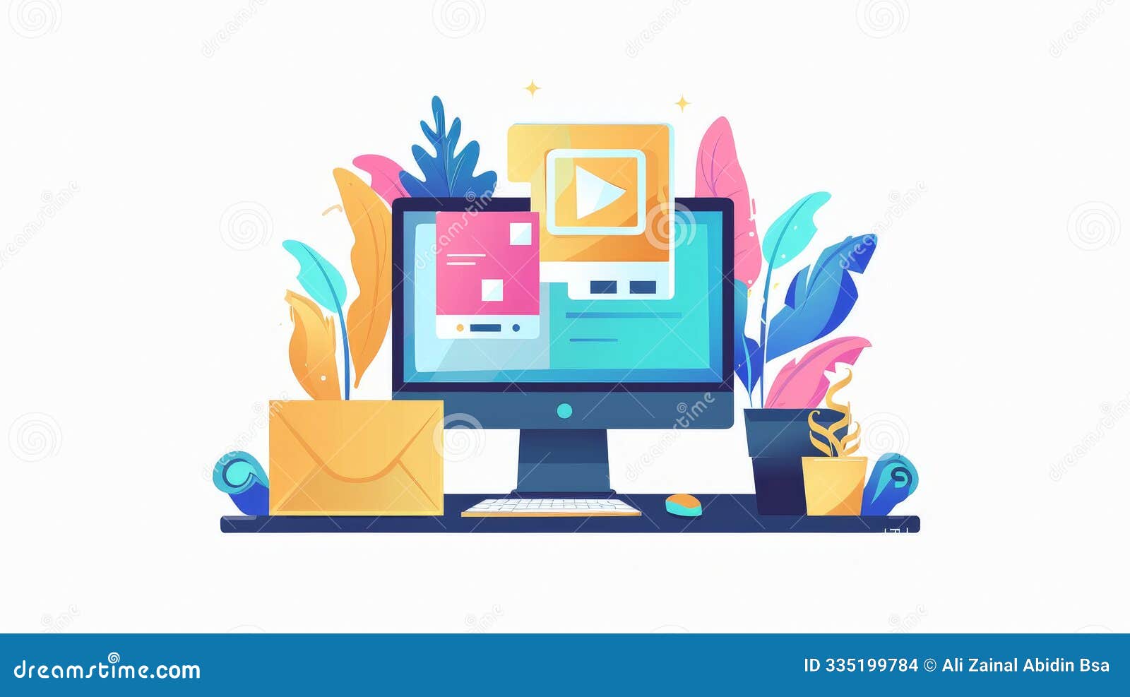 Computer with Play Button Icon on Screen Stock Illustration ...