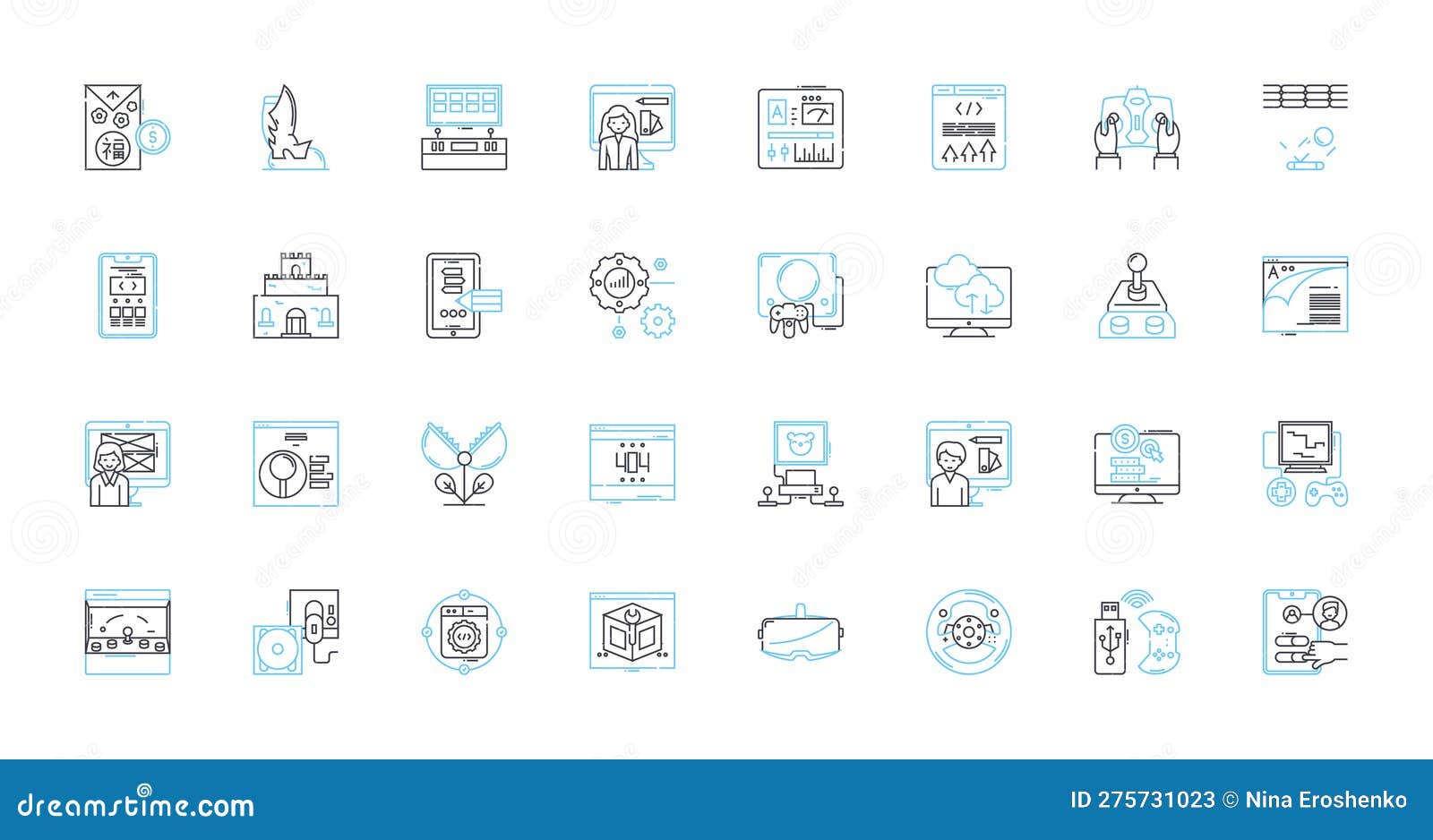 Computer Play Linear Icons Set. Gaming, Streaming, Simulations, Programming, Graphics ...