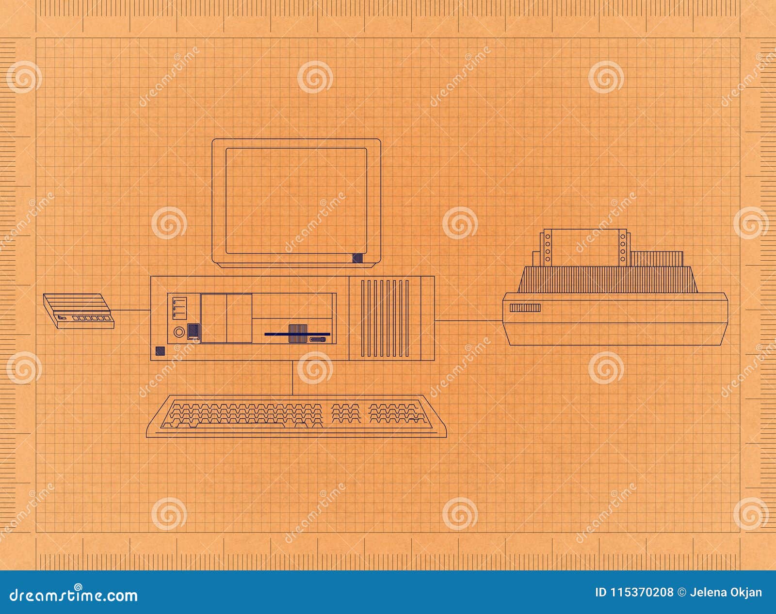 Computer and Printer - Retro Blueprint Stock Illustration ...