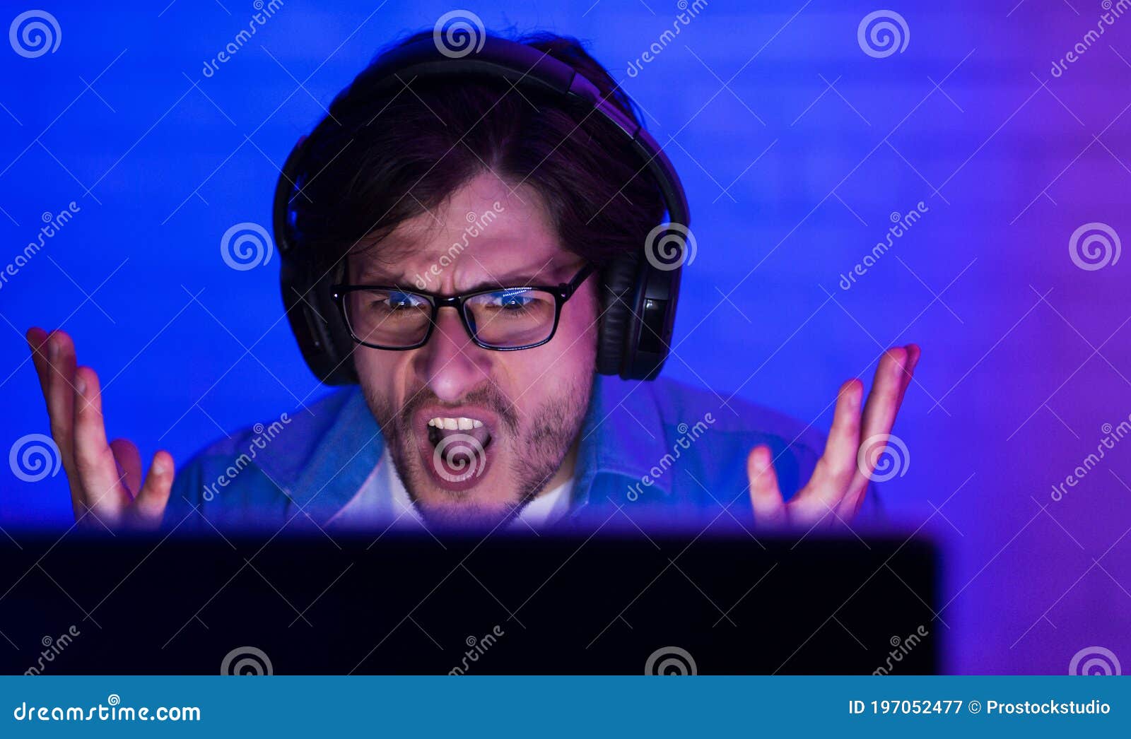 Gamer Shouting and Gesturing Having Low Internet Sitting Indoor, Low ...