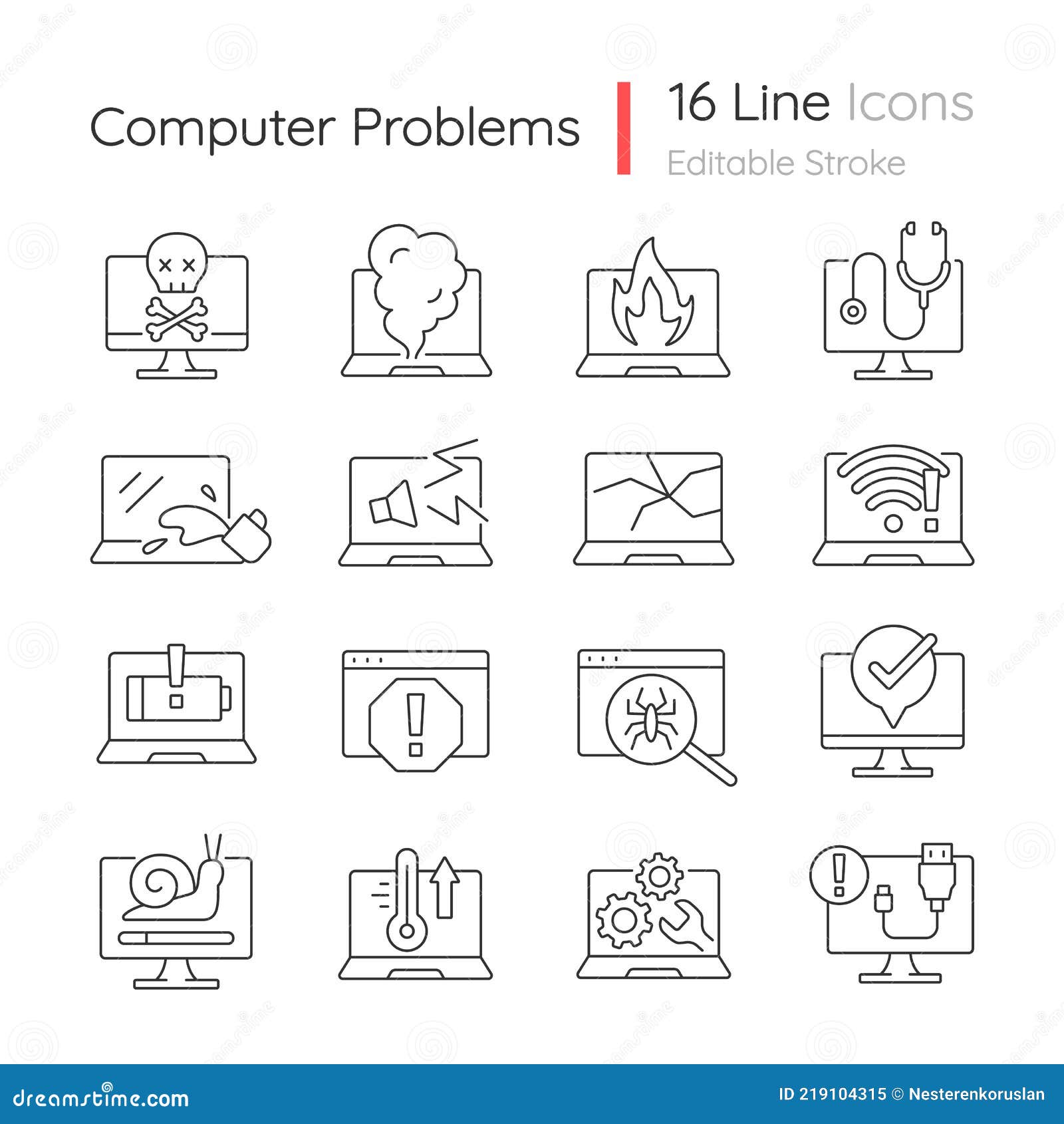 Computer Problems Linear Icons Set Stock Vector - Illustration of ...
