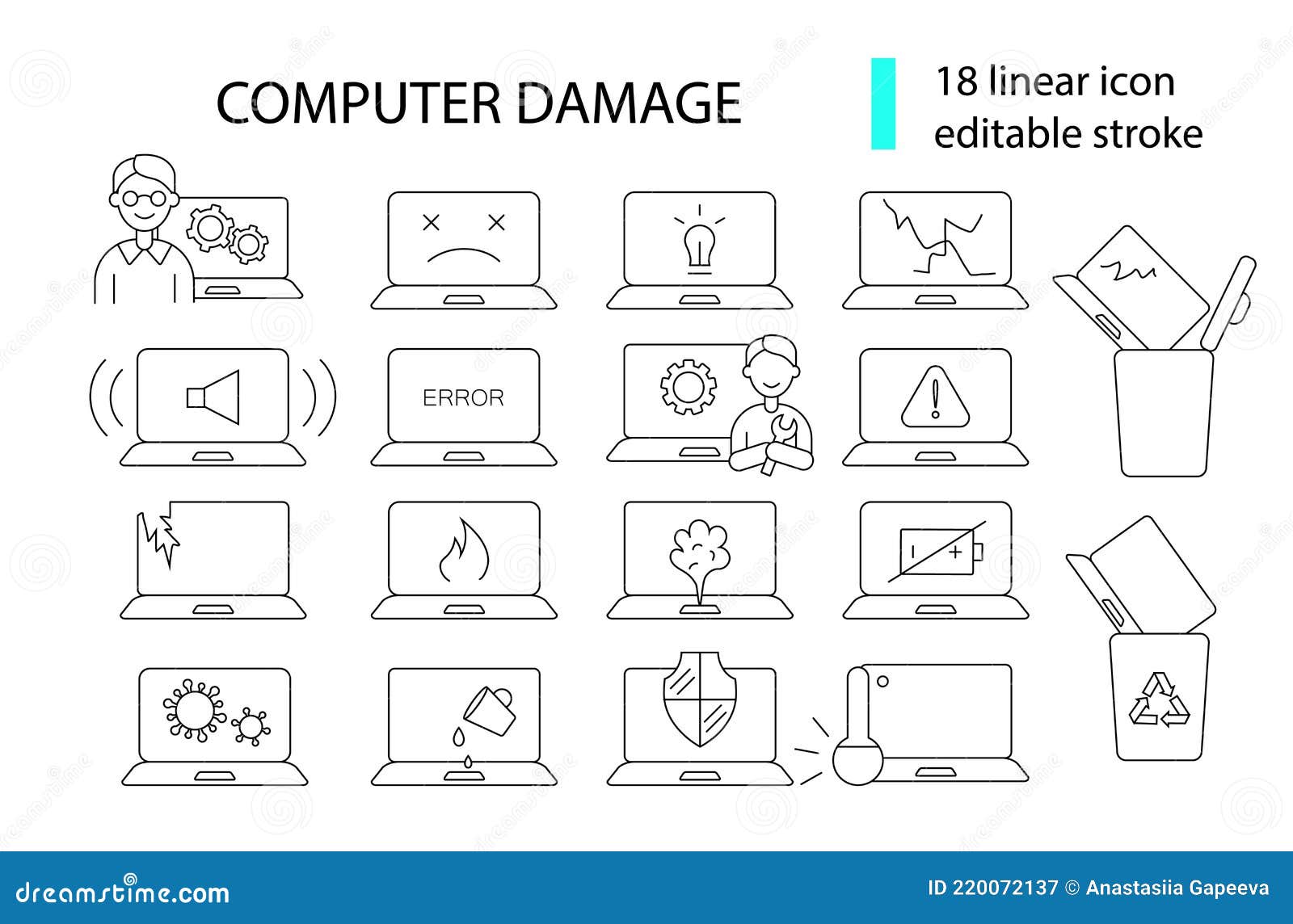 Computer Problems Outline Icons Set. Computer Damage Stock Vector ...