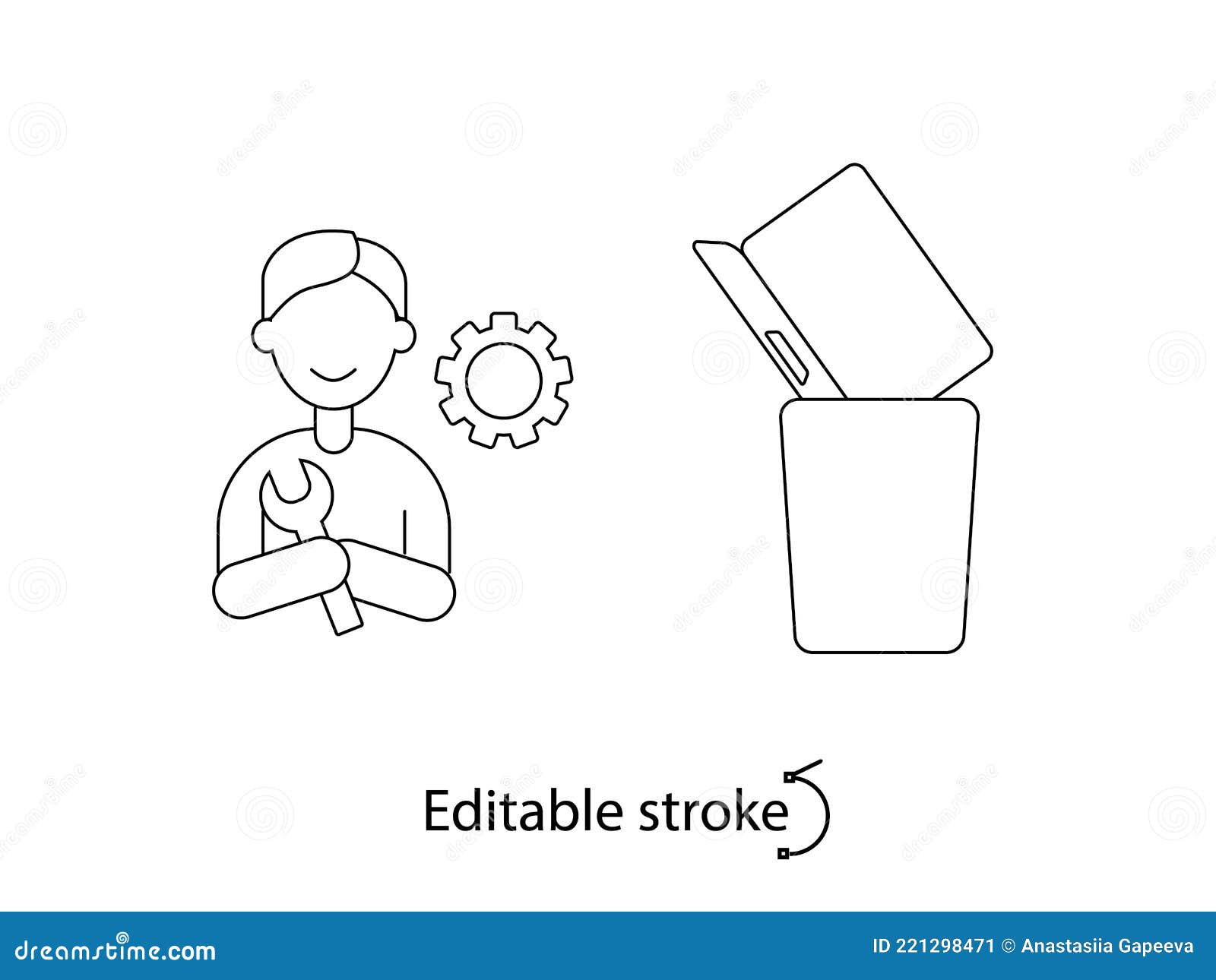 Computer Problems Outline Icons Set. Man with Wrench Stock Vector ...