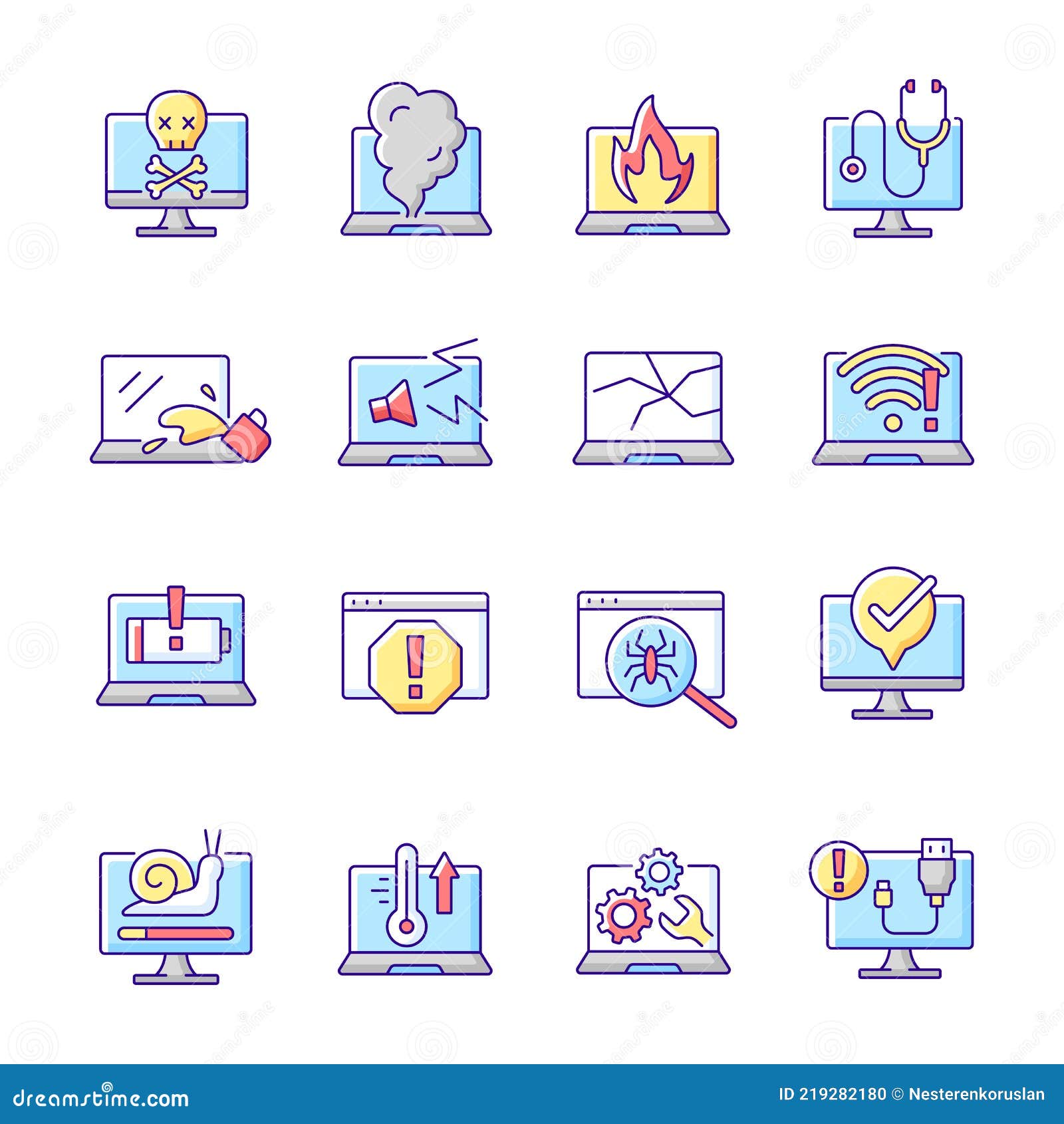Computer Problems RGB Color Icons Set Stock Vector - Illustration of ...
