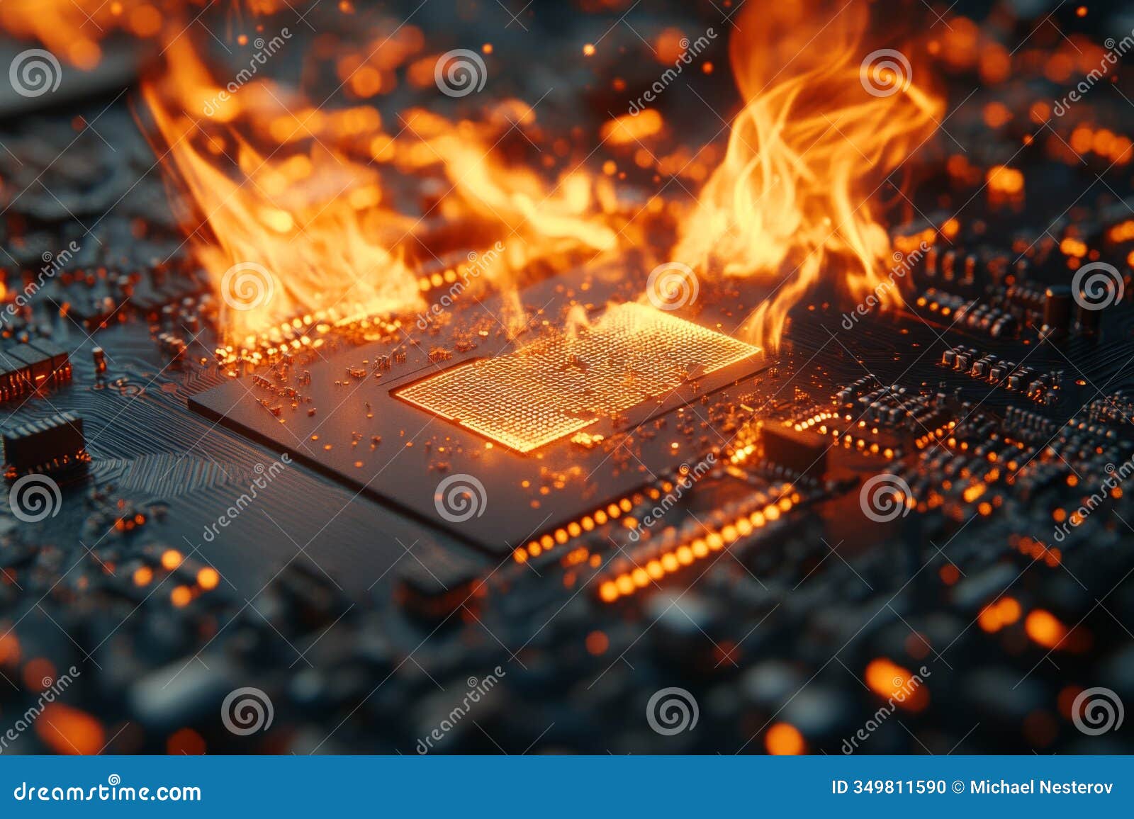 Computer Processor Catching Fire on Circuit Board Stock Photo - Image ...